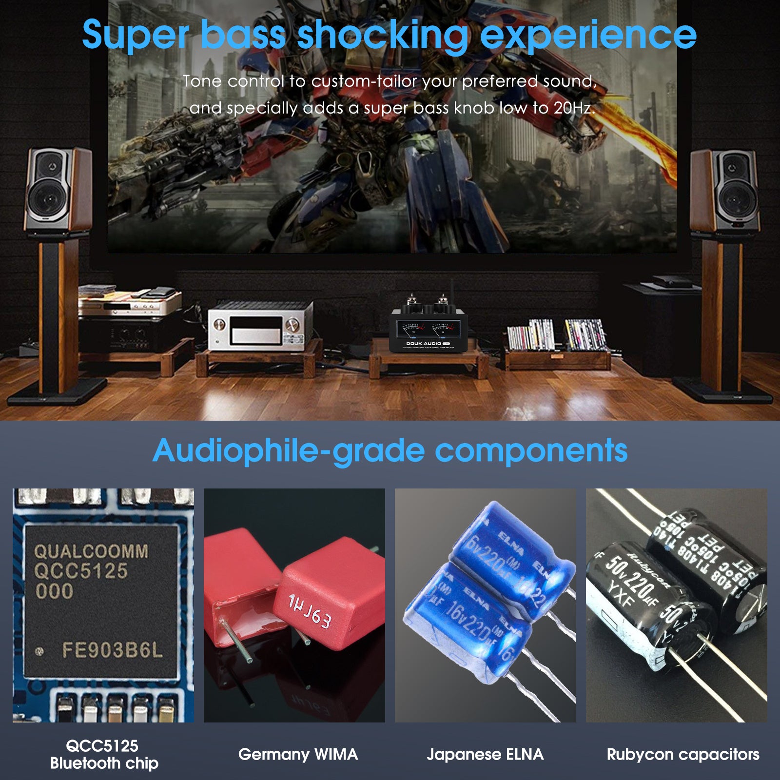 Douk Audio T6PRO HIFI TPA3255 蓝牙电子管放大器，带音量表，300 瓦 x2