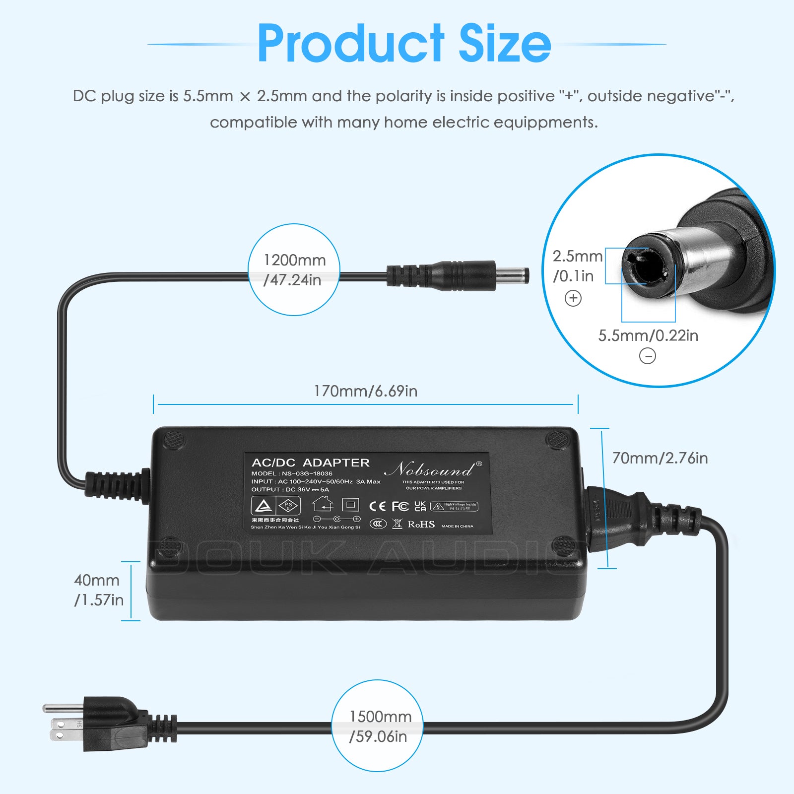 Douk Audio DC 19/24/32/36/48V Power Supply Adapter AC 100-240V Transfo