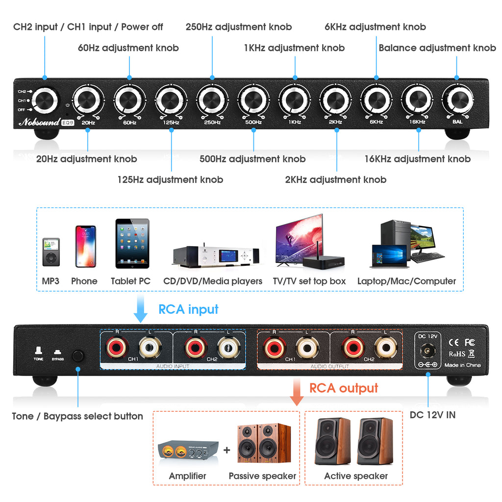Nobsound EQ9 HiFi 9-Band Stereo EQ Preamp Analog Equalizer Audio Proce ...