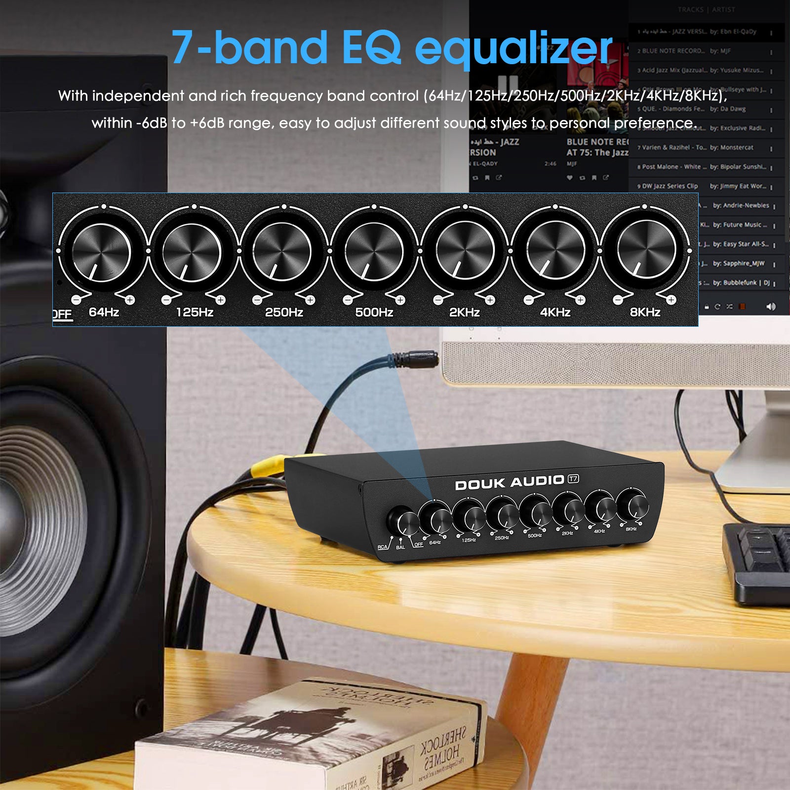 Douk Audio T7 7-Band Equalizer Balanced XLR / RCA Preamp for Home Ampl