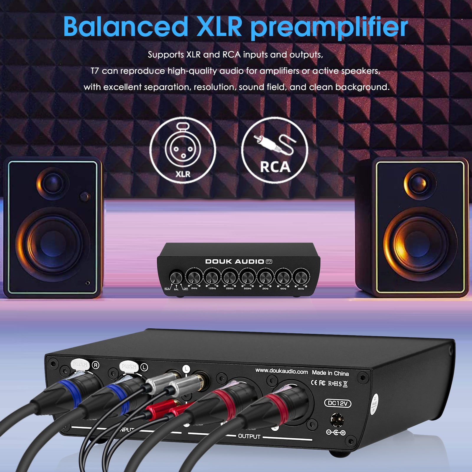Douk Audio T7 7-Band Equalizer Balanced XLR / RCA Preamp for Home Ampl