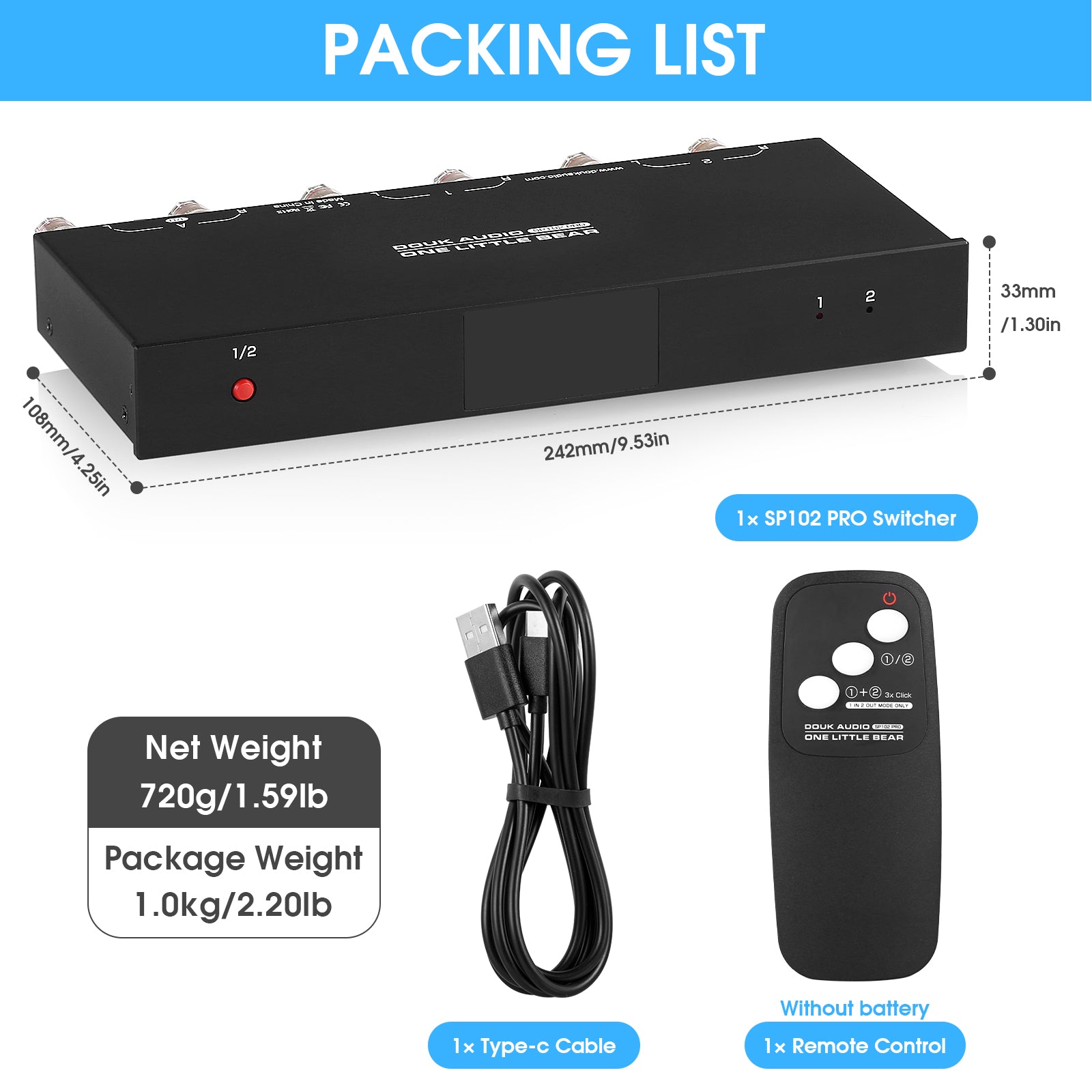 Douk Audio SP102 PRO 2 Way Amplifier / Speaker Switcher Box Stereo A/B