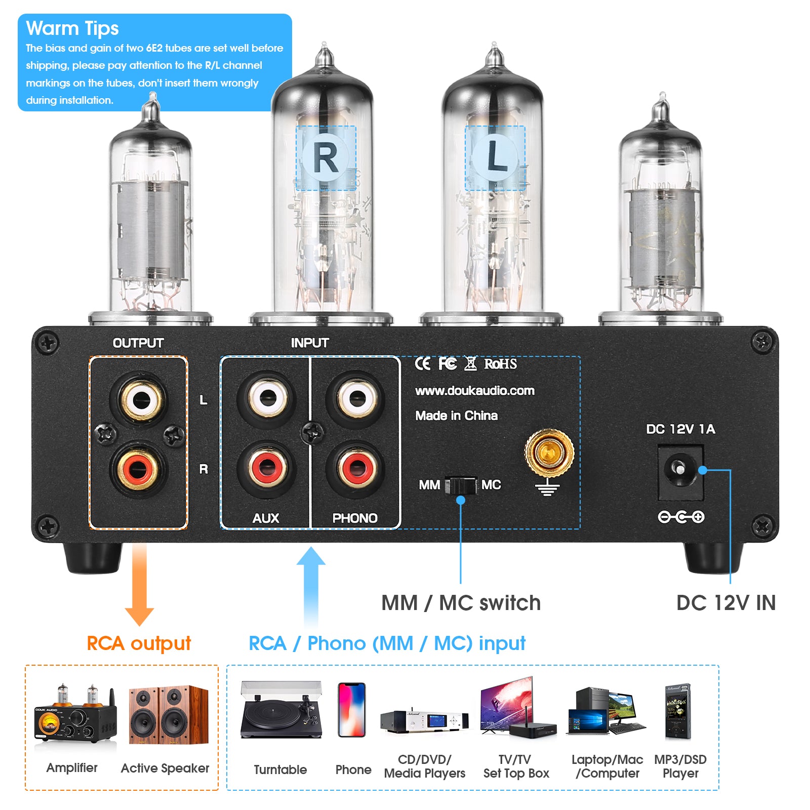 Douk Audio T9 HiFi Magic 6E2 Vacuum Tube Stereo Preamp MM/MC Phono Sta