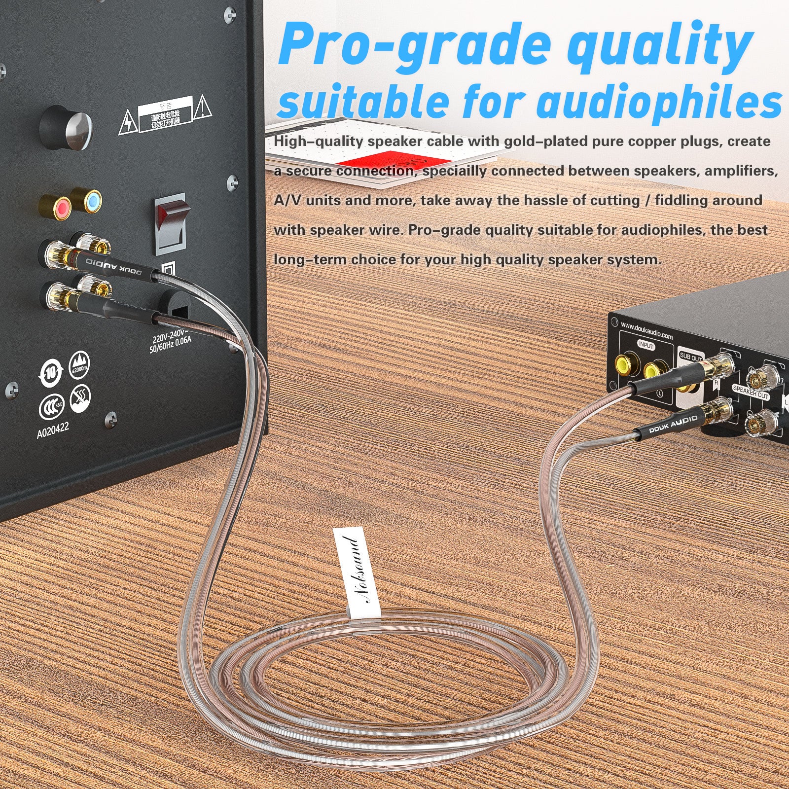 Douk Audio 14AWG OFC Copper Speaker Wire Cable with Gold-Plated Banana