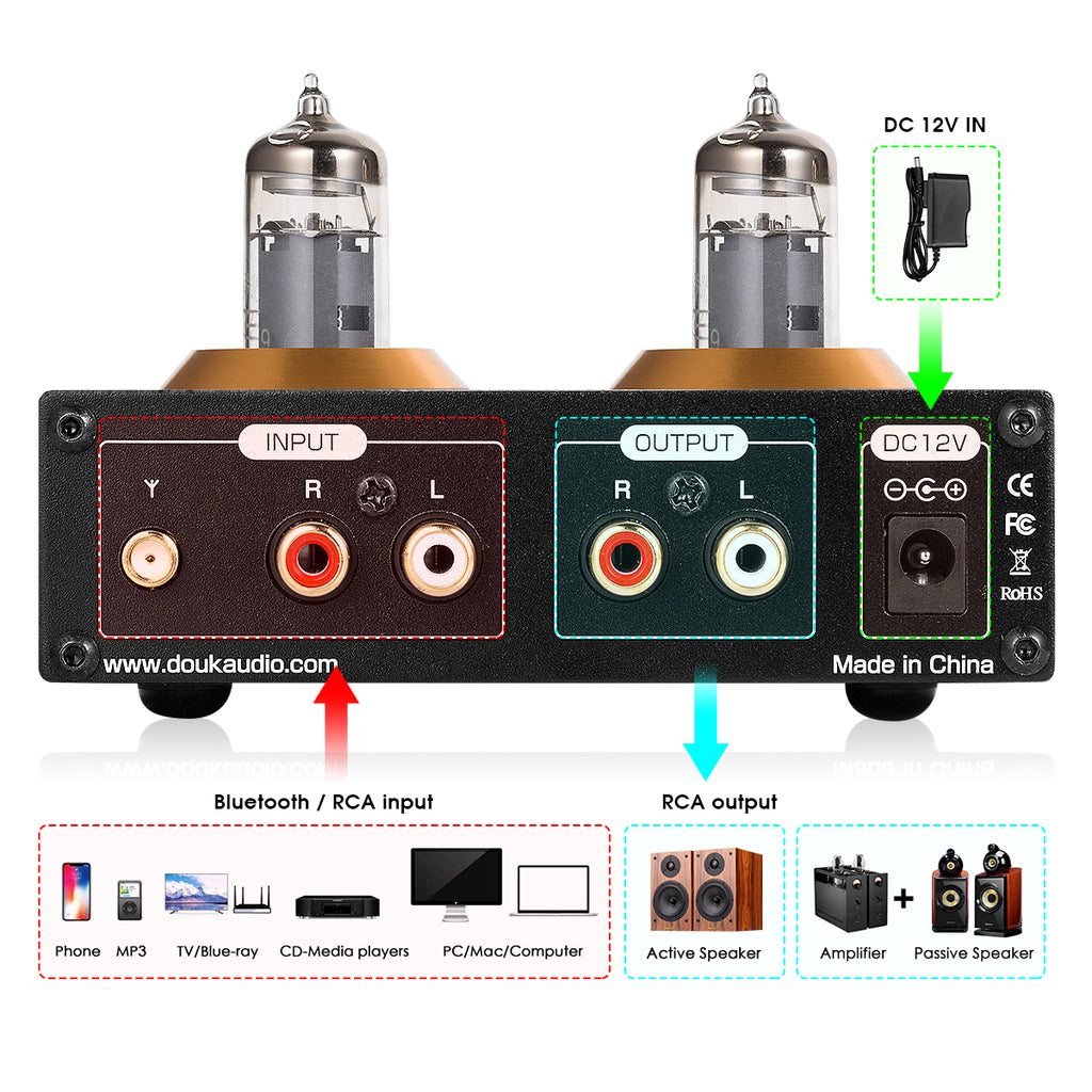Douk Audio P2 Mini Bluetooth 5.0 Vacuum Tube Preamp USB Player Stereo