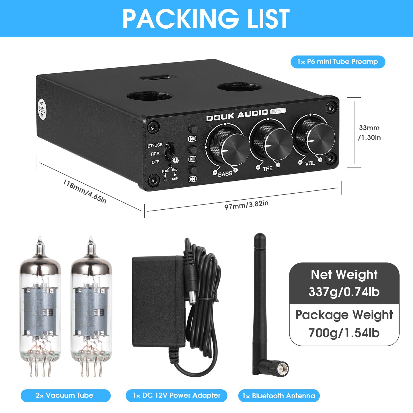 Douk Audio P6 MINI HiFi Vacuum Tube Preamp Bluetooth Stereo Audio Pre-