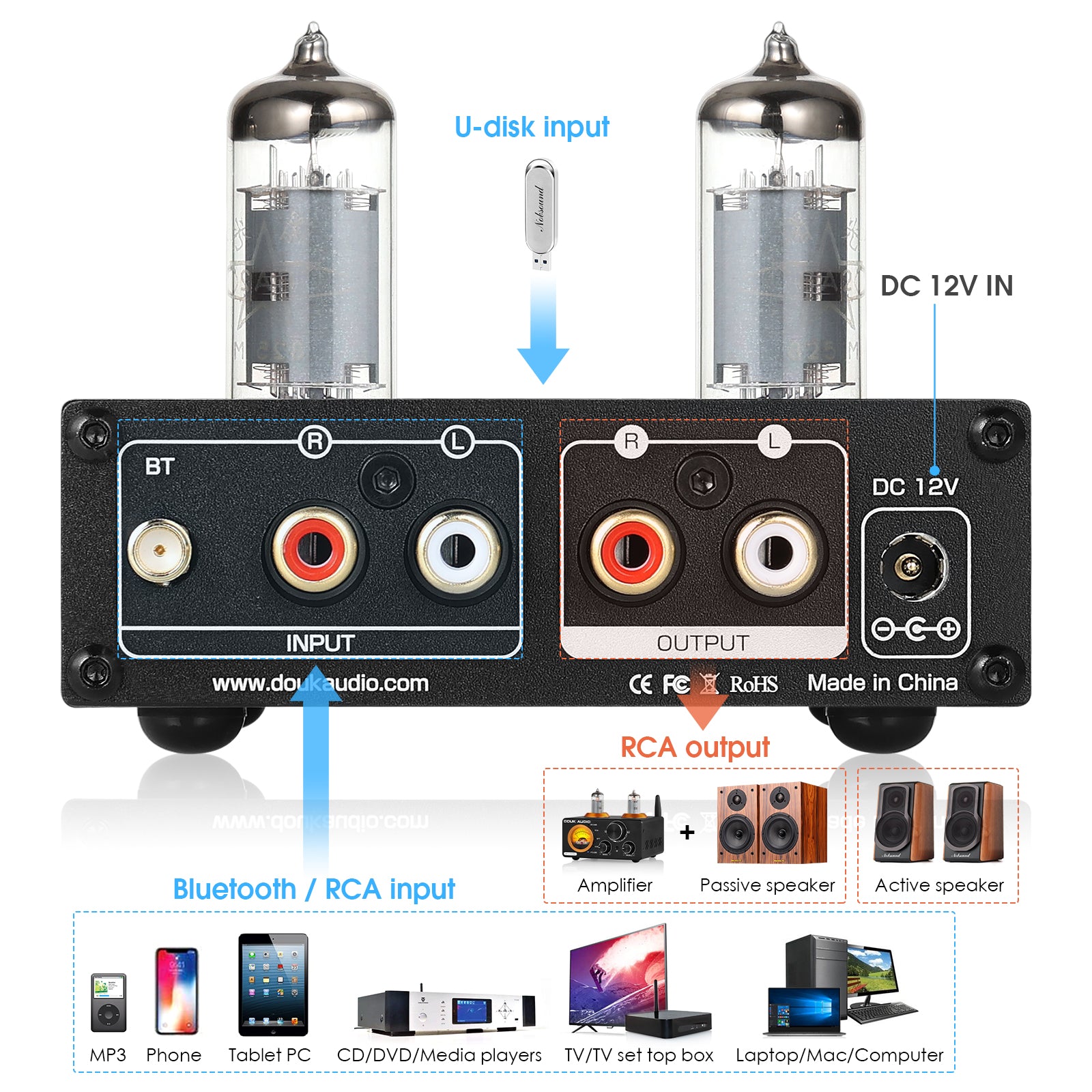 Douk Audio P6 MINI HiFi Vacuum Tube Preamp Bluetooth Stereo Audio Pre-