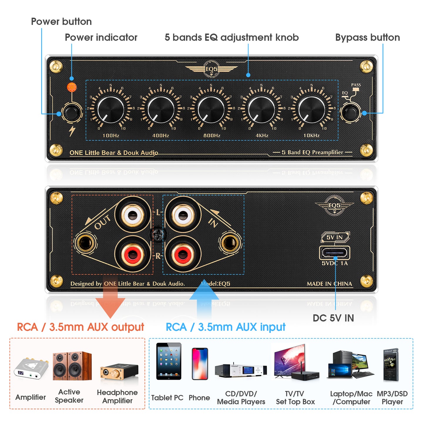 Douk Audio EQ5 Mini 5-Band EQ Preamp Equalizer Stereo Home/Car Audio P